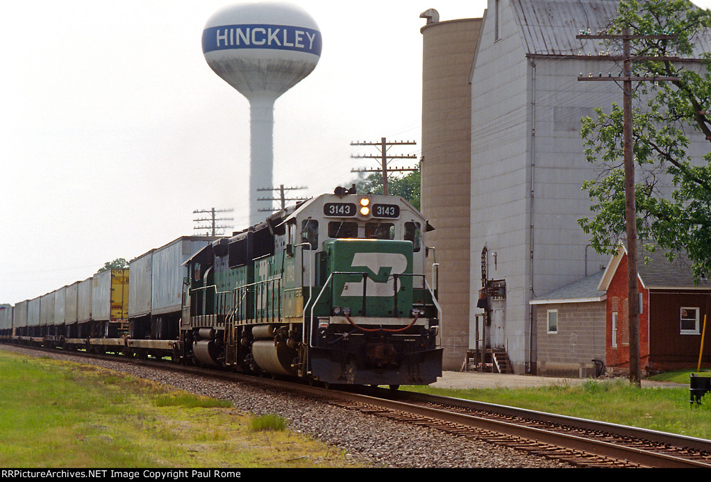 BN 3143, EMD GP50, with a westbound intermodal train